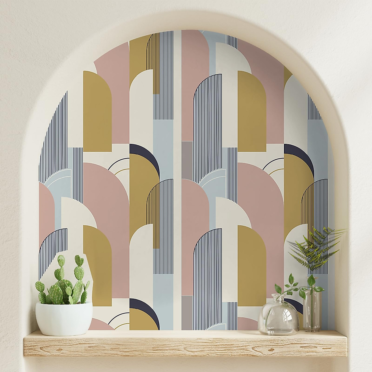 VEELIKE 17.7''x354'' Abstract Arches Geometric Wallpaper Peel and Stick Boho Geometric Contact Paper for Accent Walls Removable Modern Wallpaper Self Adhesive Art Wall Mural for Bedroom Bathroom