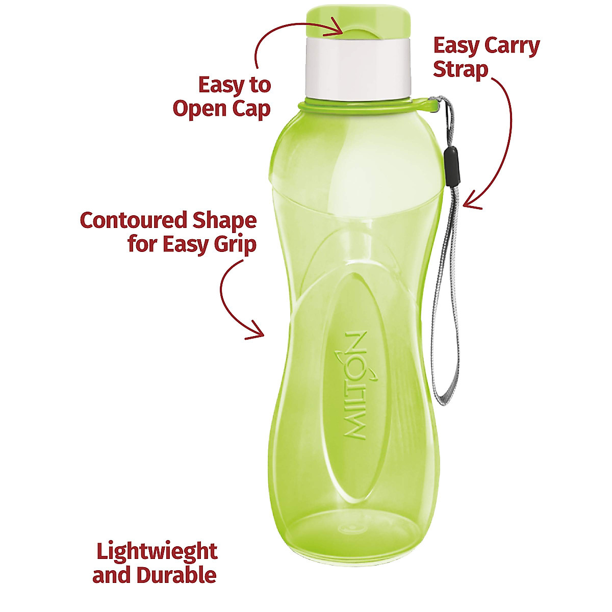 MILTON Sports Water Bottle Kids Reusable Leakproof 25 Oz 4-Pack Plastic Wide Mouth Large Big Drink Bottle BPA & Leak Free with Handle Strap Carrier for Cycling Camping Hiking Gym Yoga