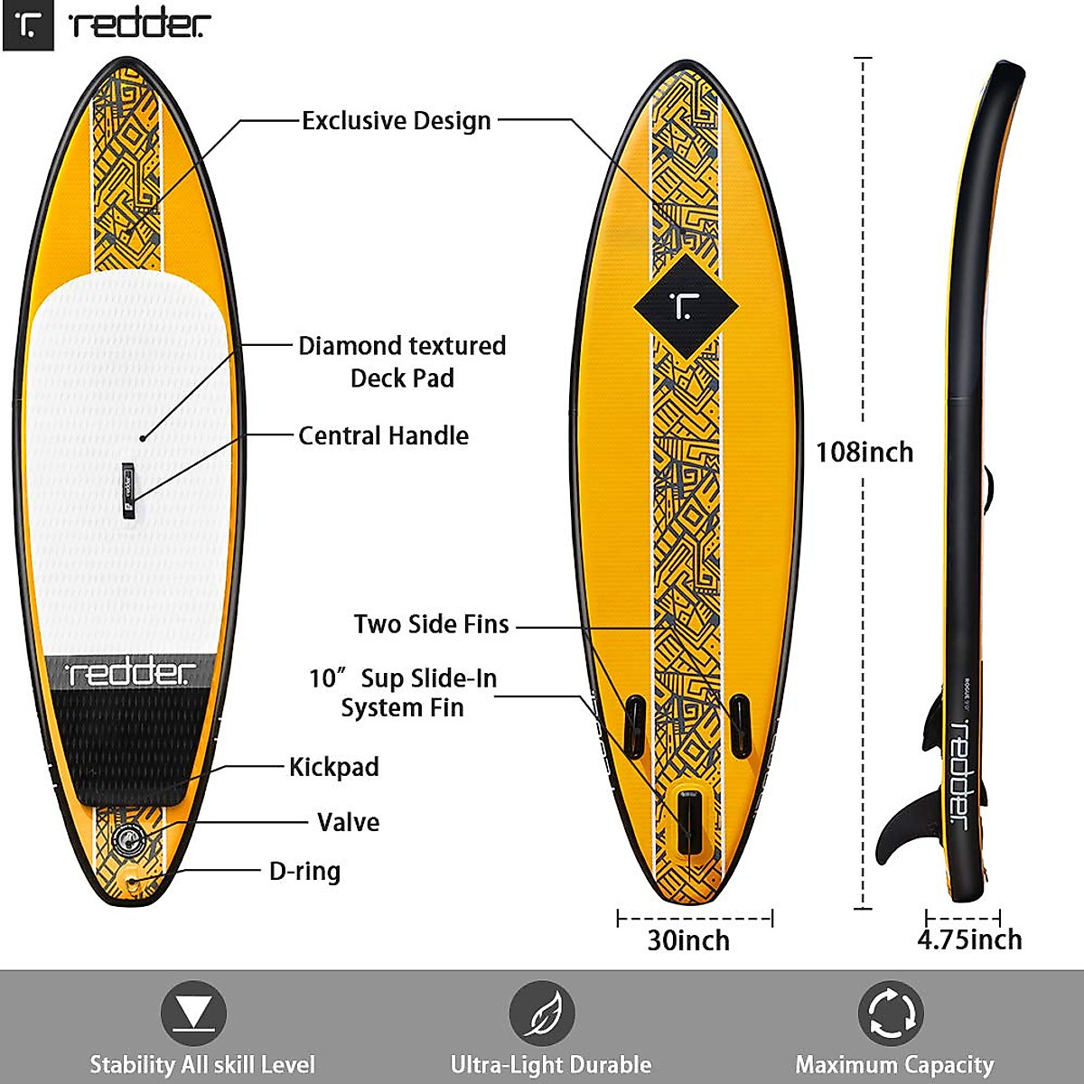 Inflatable Stand Up Paddle Board Rouge 9'0" x 30" x 4" Surf ISUP With Bravo SUP3 Double Action Hand Pump, 3 Piece Carbon & Fiberglass Paddle, 10' Leash, Portable Backpack And Repair Kit - REDDER
