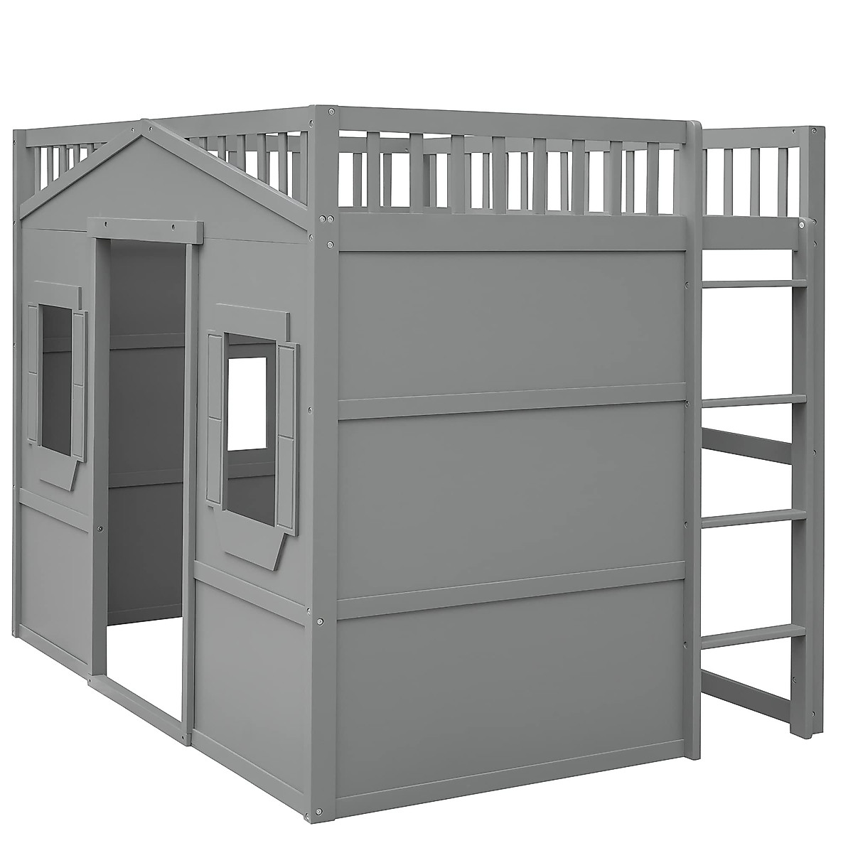 Harper & Bright Designs Full Size House Loft Bed for Kids, Wood Full Loft Bed with Door and Windows House Design, Playhouse Bed Full with Underbed Space for Girls Boys Bedroom, Grey