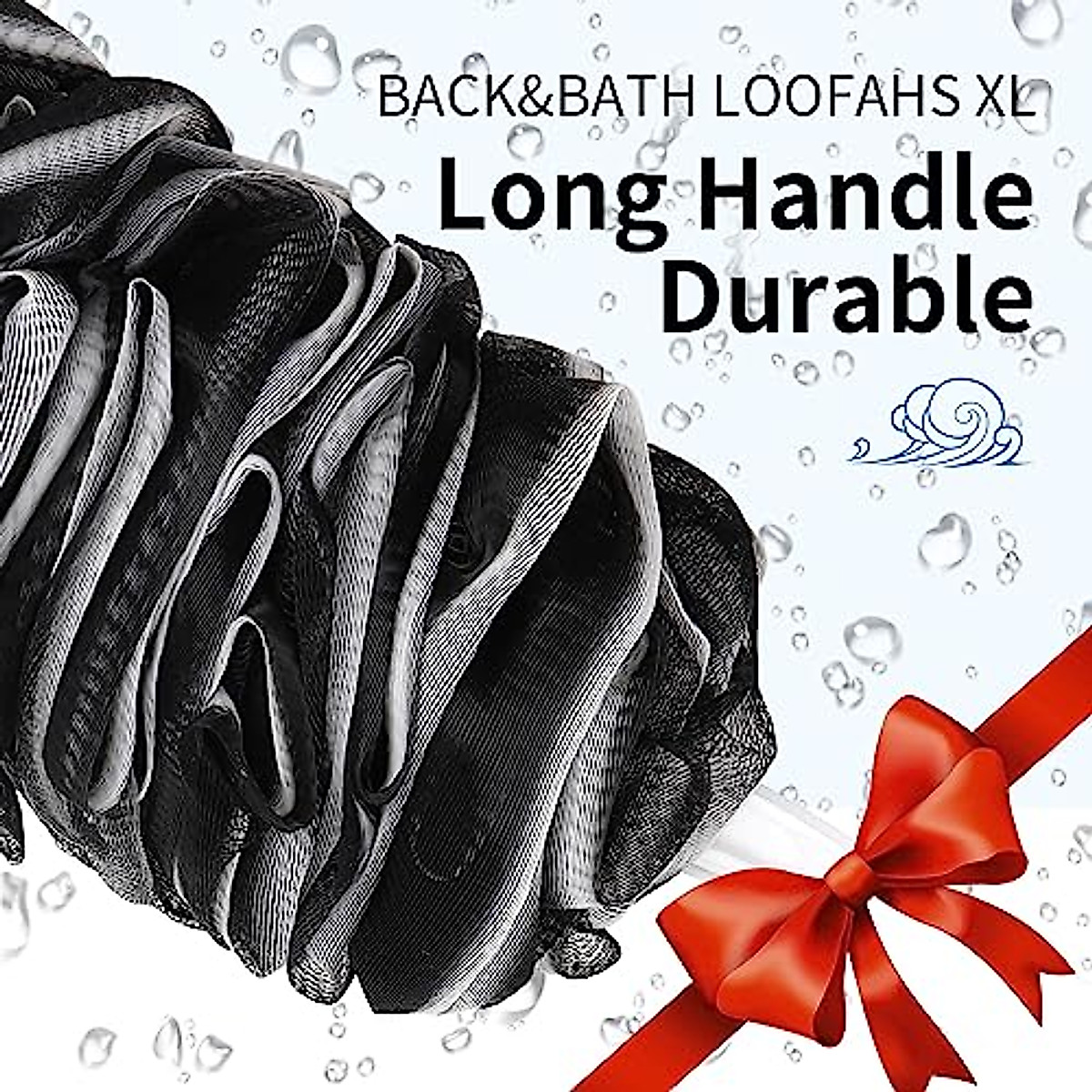 BCKENEY Bath Loofah Sponge Back Brush with Long Handle Extra Large 75g Soft Mesh Shower Poufs for Women & Men - Exfoliator Bathing Accessories (3Pcs 75G XL Charcoal Black)