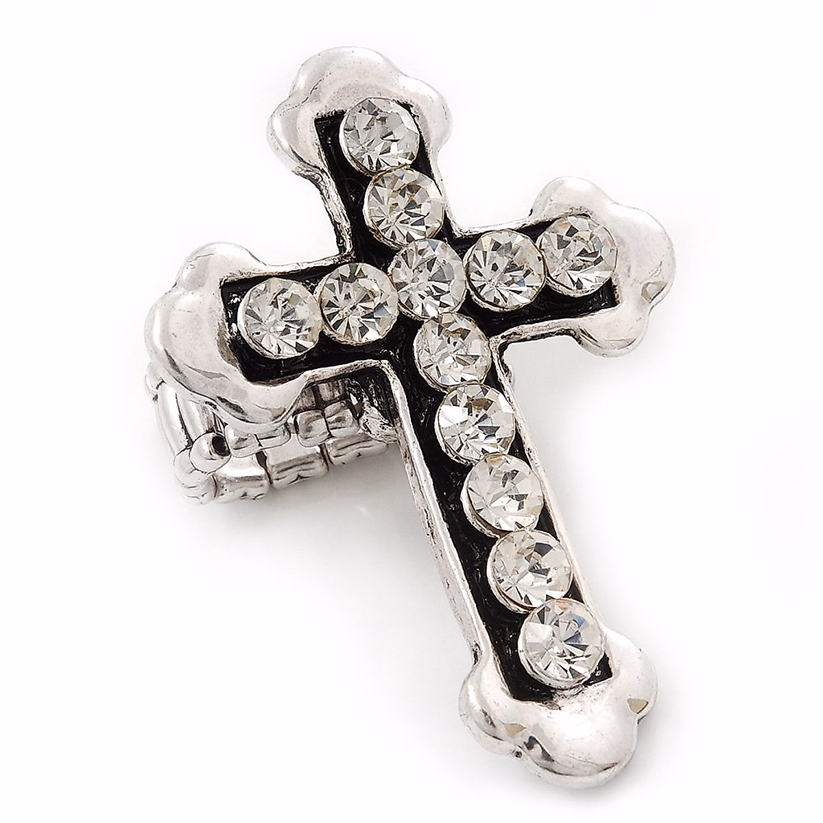 Avalaya 'Fleur de Lis' Crystal Set Statement Cross Stretch Ring In Vintage Silver Finish - 6cm Length - Adjustable size 7/8