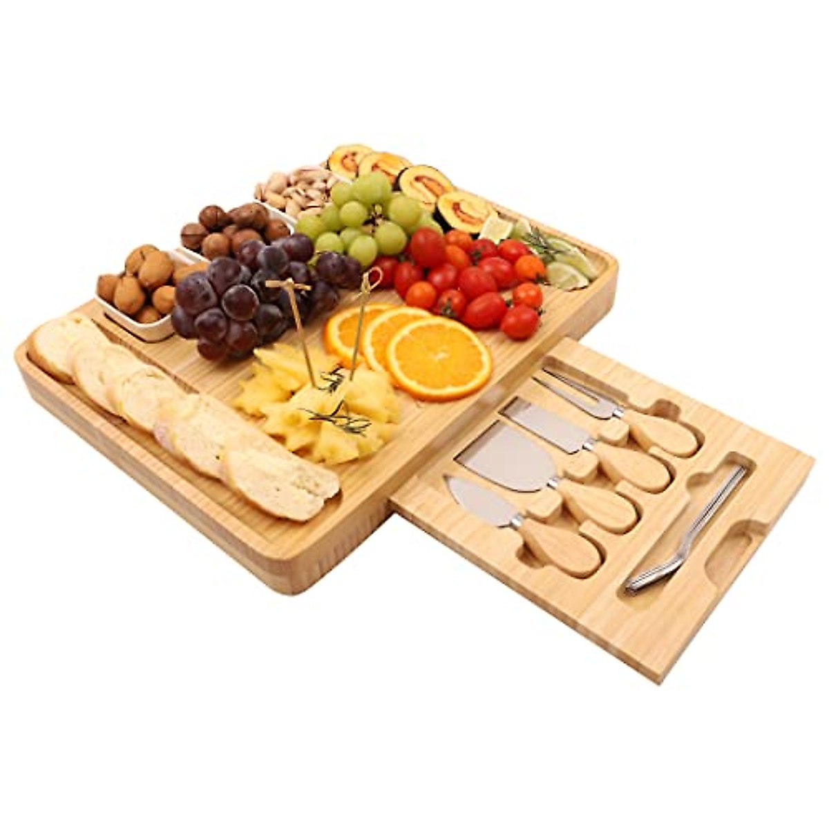 Cheese Board and Knife Set | Wine Board | Organic Bamboo Wood Charcuterie Platter Serving Board Cheese Tray with Cutlery | Perfect for Birthday, Housewarming & Wedding Gifts