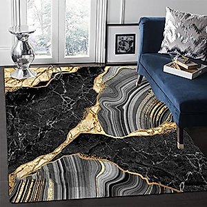 Cekaso Modern Abstract Marble Pattern Area Rugs 7x10 Black Gold Retro Accent Carpet for Living Dining Room Washable Soft Thick Bedroom Lux Art Deco Home Office Floor Rug Vintage Chic Indoor Runner