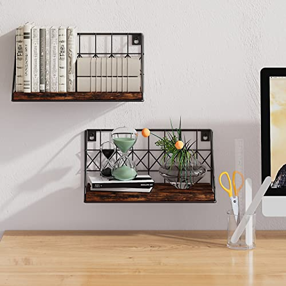 JOIN IRON Set of 2 Wall Mounted Floating Shelves Wood Rustic Storage Shelves for Bedroom, Bathroom, Living Room(Brown)