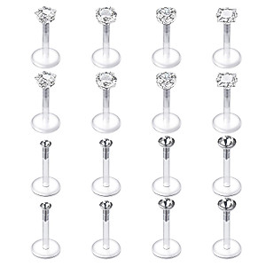 Mayhoop 16G 16Pcs Tragus Earrings Lip Rings Labret Studs Jeweled Cartilage Helix Earrings Flexible Clear Bar Medusa Piercing Retainer 6mm 8mm for Women Men