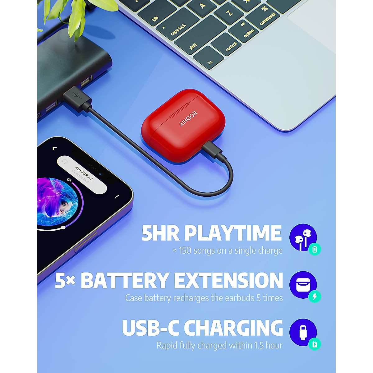 AIHOOR Wireless Earbuds for Music and Sports, Bluetooth 5.3 in-Ear Headphones with Extra Bass Built-in Mic Touch Control 30hr Battery Earphones, Waterproof (Red)