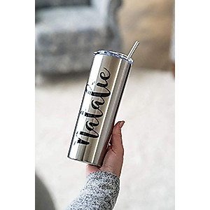 STRATA CUPS Skinny Tumblers with Lids and Straws (4 Pack) - 20 oz Double Wall Insulated Slim Stainless Steel Silver Tumblers with Straw Cleaner | Reusable Travel Mug for Hot and Cold Beverages