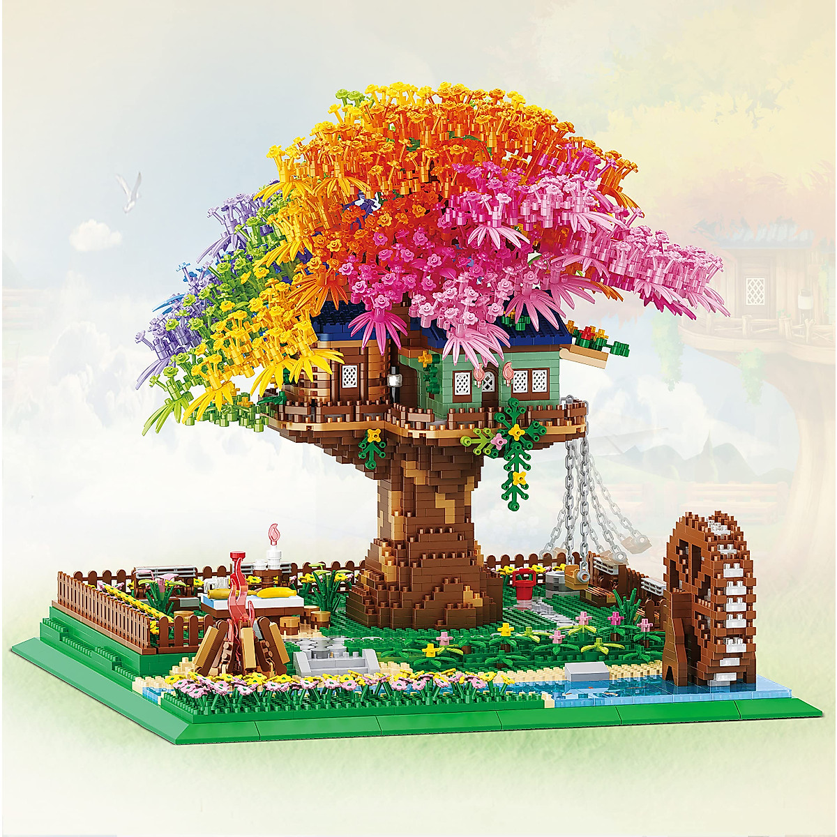 Kadablk Rainbow Flowers Building Block with Light,Sakura Cherry Blossom Bonsai Tree House Construction Set,4451 PCS Mirco Blocks Architecture for Adults and Teens