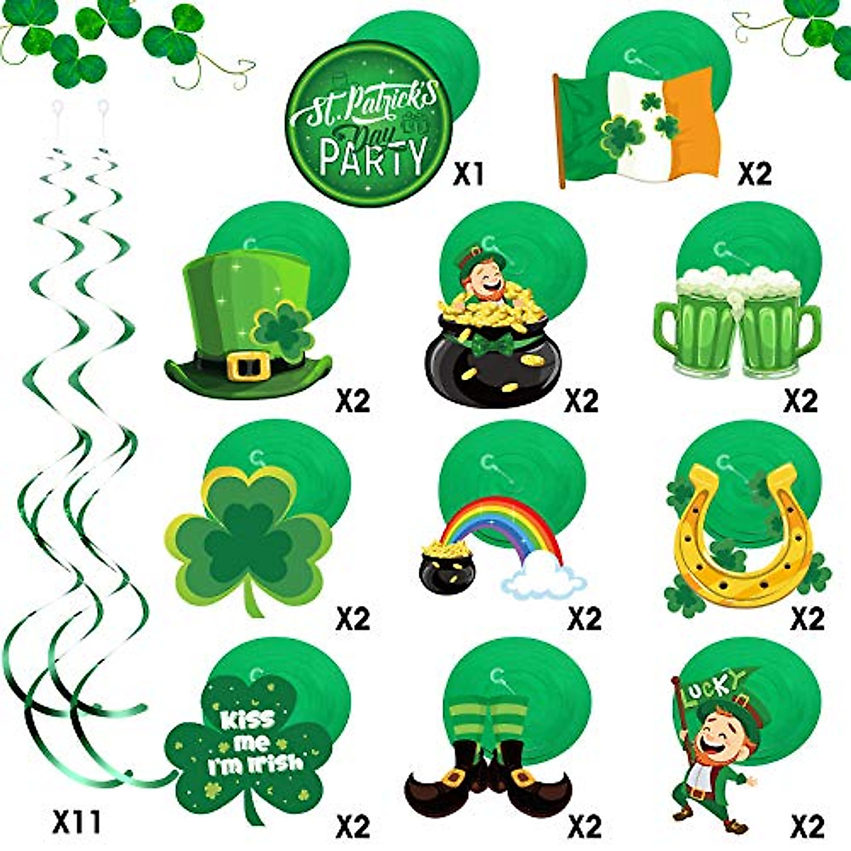 30 Pieces St. Patrick's Day Decorations, Green Lucky Irish Shamrock Clover Leprechaun Horseshoe Sign Foil Hanging Swirls Ceiling Decor for Saint Patrick Party Lucky Day Home Party Favors Supplies