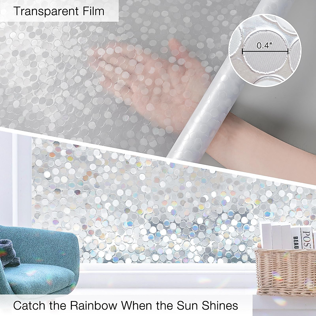 rabbitgoo Window Privacy Film Rainbow Window Clings Stained Glass Window Decals 3D Decorative Window Coverings, Static Cling Removable Glass Door Window Stickers, Anti-UV Non-Adhesive 17.5" x 78.7"