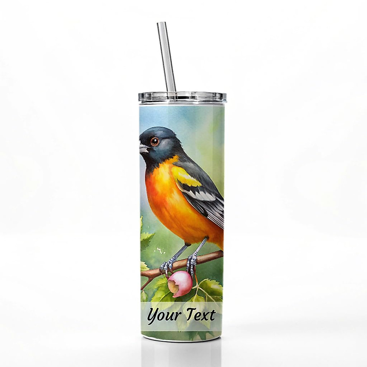 Personalized Custom Name Text Oriole In Tree Bird Watercolor Skinny Tumbler 20oz with Straw Insulated Water Bottle Gift - 1 Line Horizontal