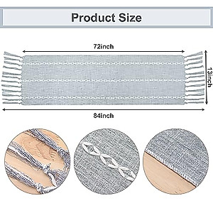 Fixwal 72 Inches Linen Table Runner, Rustic Tassel Embroidered Table Runner, Boho Farmhouse Style Braided Table Decoration for Wedding, Party, Picnic and Birthday (Dusty Blue)