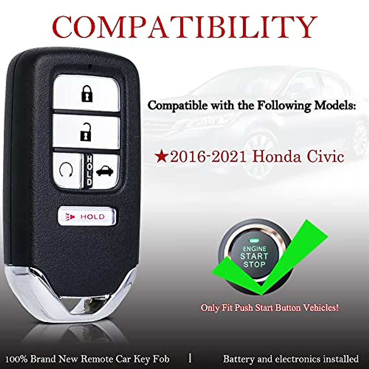 Key Fob Remote Replacement Fits for Honda Civic 2016 2017 2018 2019 2020 2021 KR5V2X Smart Proximity Keyless Entry Remote Control Uncut 5 Buttons 433Mhz (72147-TBA-A11)