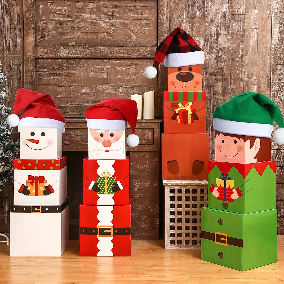 16 Pieces Christmas Stacking Boxes with Hats in 4 Designs Stackable Snowman Gift Box Tower Xmas Nesting Boxes Decorative Christmas Stacking Gift Boxes for Gift Wrapping Party Favors to Make A Snowman