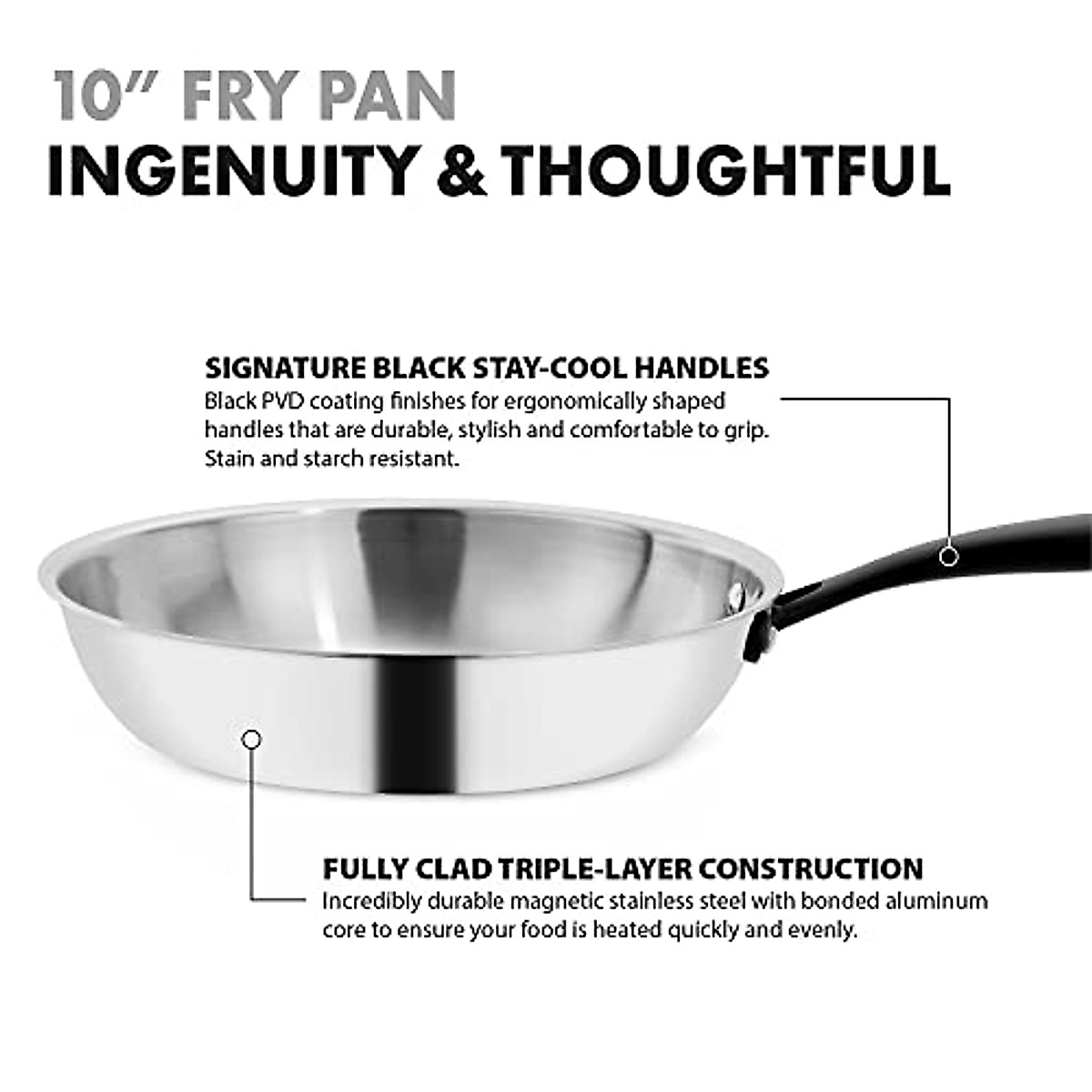 GrandTies Tri-Ply Stainless 3-Piece Induction Pots and Pans Set, Casserole Stockpot, Frying Pan, Kitchen Cooking Pot with Lid and Black Metal Handle, Dishwasher Safe Cookware