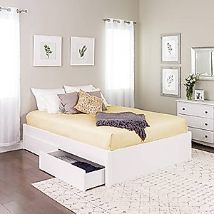 Prepac Select Queen 4-Post Raised Platform 4-Drawer Storage Bed, Modern Queen Storage Bed with Drawers 83" D x 63" W x 16" H, White, WBSQ-1302-4K