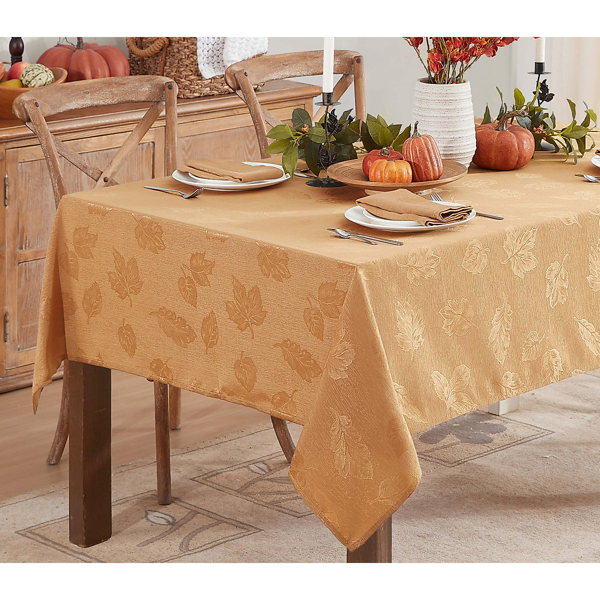 Newbridge Tremont Leaf Damask, Fabric Tablecloth, Swirling Leaves Damask, Print, Soil Resistant, Easy Care Tablecloth, 60 Inch x 144 Inch Rectangle, Gold