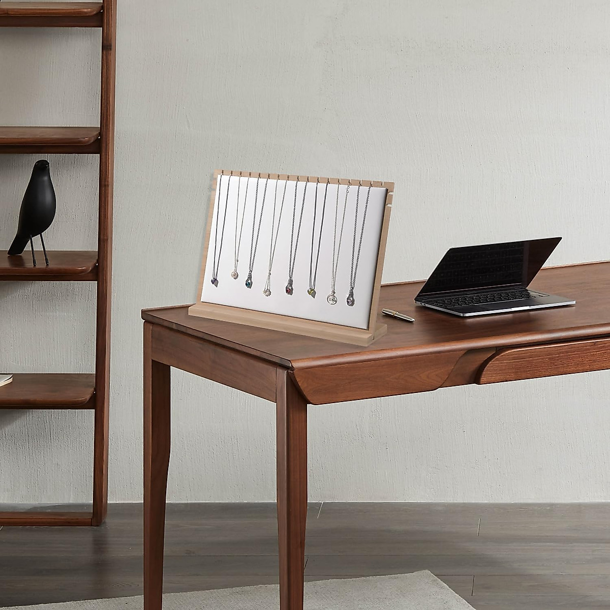 Justsoso Large Bamboo Necklace Display Stand, Pendant Necklace Wood Jewellery Holder, Chain Jewelry Big Rack Organizer for Store Show Sell (White PU)