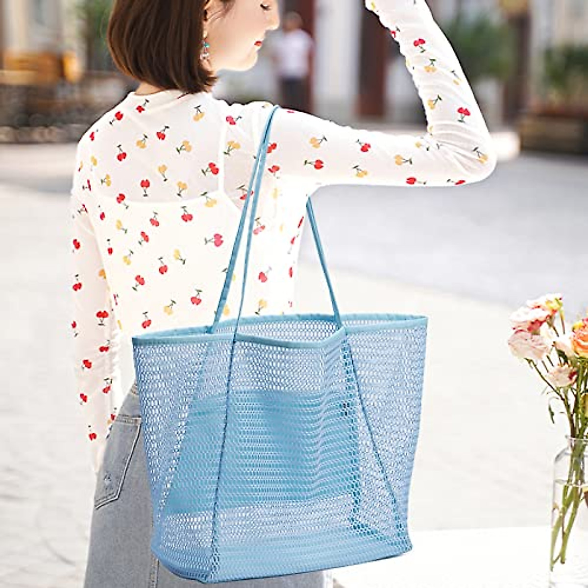 Women's Shoulder Bags Mesh Beach Handbag Large Tote Purse Summer Handbag Hobo Bag for Vacation, Sky Blue