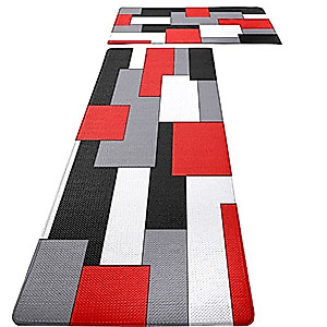 FNLNDO Red Black Grey White Kitchen Rugs and Mats Set of 2 Cushioned Anti Fatigue Kitchen Rugs Set Geometric Non-Skid Washable Kitchen Mats for Kitchen Sink Laundry