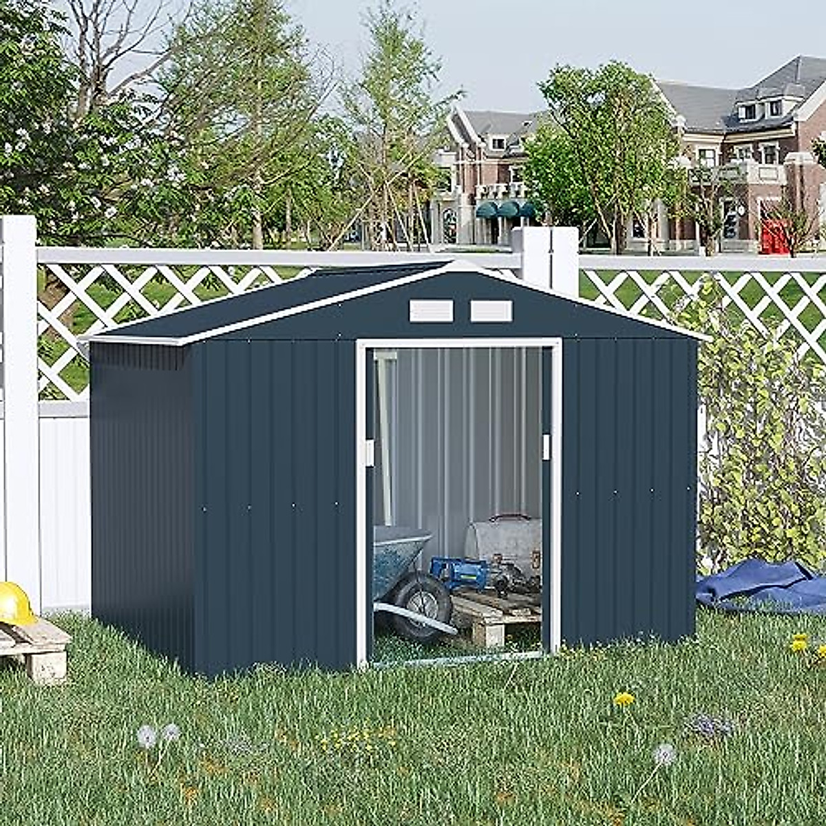 Outsunny 9' x 6' Outdoor Storage Shed, Garden Tool House with Foundation, 4 Vents and 2 Easy Sliding Doors for Backyard, Patio, Garage, Lawn, Dark Gray