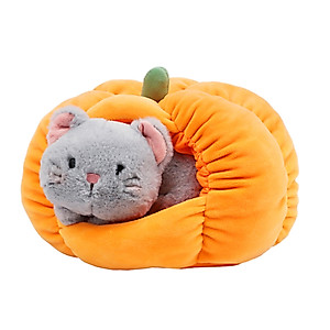 Hopearl Halloween Cat Pumpkin Cave Sufffed Animal 2 in 1 Playset Pet with Pumpkin House Plush Toy Pillow with Separable Kitty Gift for Kids, 9.5''