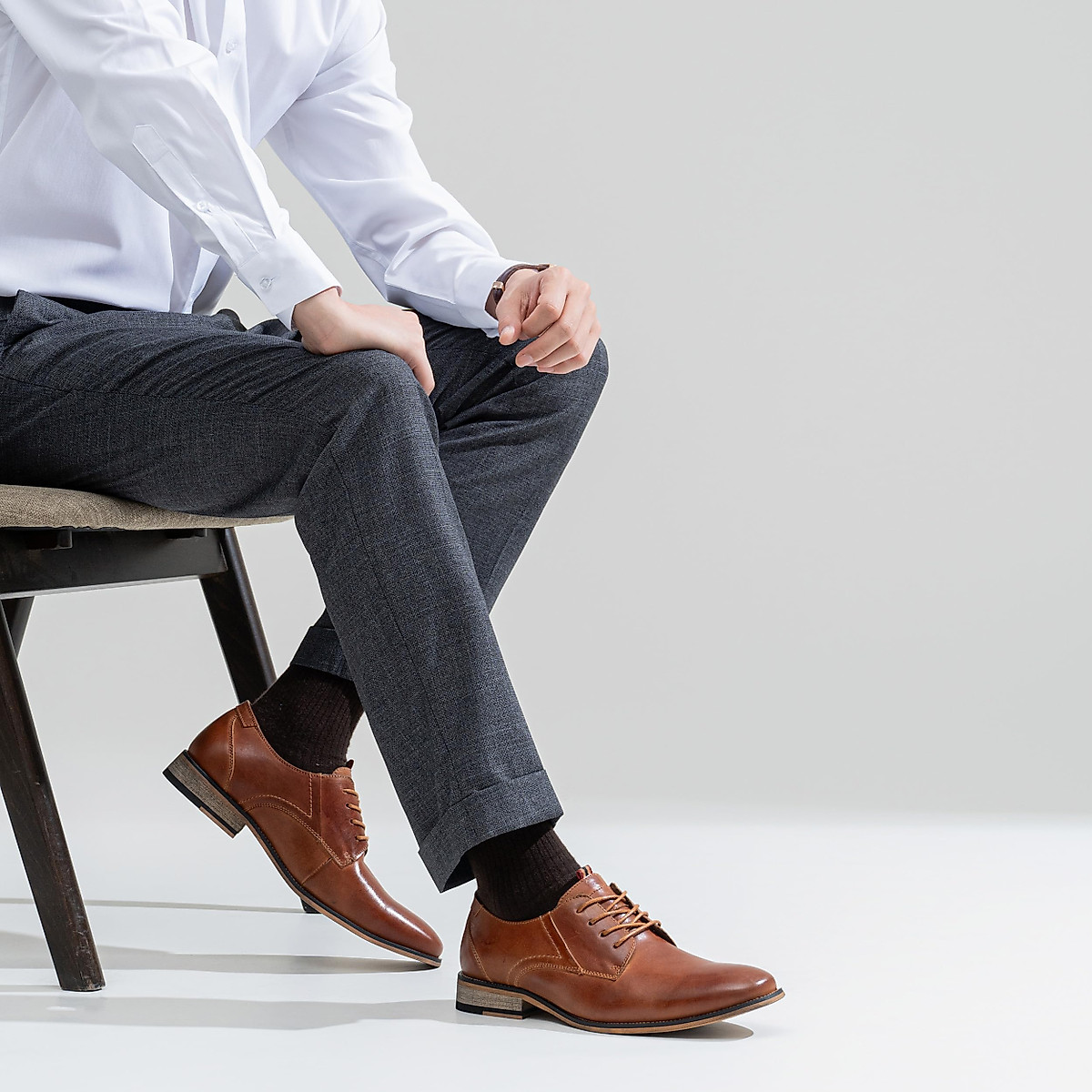 Jousen Men's Dress Shoes Leather Classic Formal Oxford Retro Plain Toe Derby Shoes (AMY612 Yellow Brown 12)