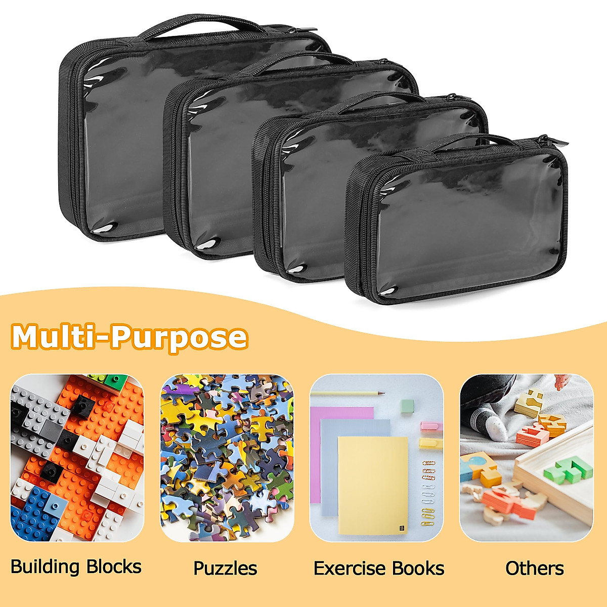 Damero 4 Packs Toy Carry Case, Toy Storage Bags with Zipper, Toy Building Blocks Board Games Storage Case, Clear Toy Organizer Bags for Travel, Playroom, Classroom, Home Organization, Black(Bag Only)