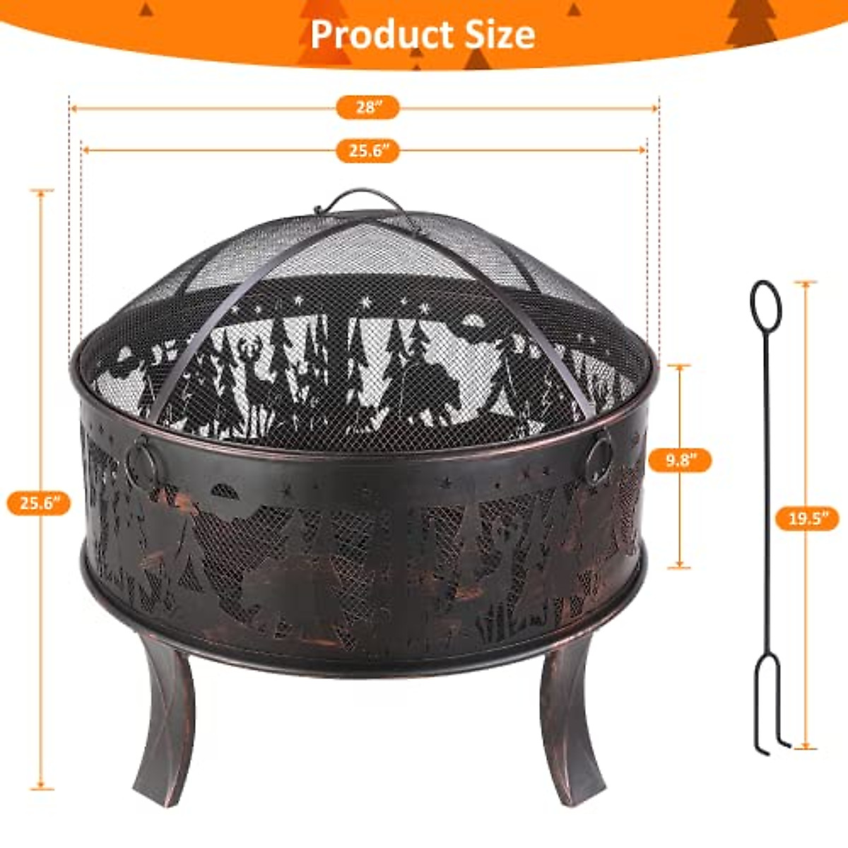 Portable Fire Bowl 27 Inch Fire Pit, Outside Fire Pit, Garden Fireplace with Spark Guard, Poker & Charcoal Grate, Fire Pits for Patio Camping Backyard Balcony, Elk Pattern