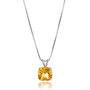 MAX + STONE 925 Sterling Silver 8mm Cushion Cut November Birthstone Citrine Solitaire Pendant Necklace for Women with 18 inch Box Chain