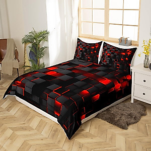 Feelyou Red and Black Bedding Duvet Cover Set Twin Size Light Geometric Bedding Set for Kids Boys Girls Geometry Decor Comforter Cover Set Modern Bedspread Cover
