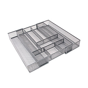 TQVAI Expandable Kitchen Drawer Organizer, 8+2 Compartments Mesh Silverware Utensils Holder, Adjustable Cutlery Flatware Tray, Silver