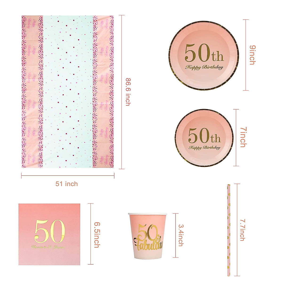 50th Birthday Decorations Party Supplies Set - Disposable Tableware Includes Plates, Cups, Napkins, Straws, Tablecloth for Her 50 Birthday Party - Serves 24