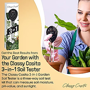 Classy Casita 3-in-1 Garden Soil Tester- Three Way Plant Soil Test Kit to Measure Soil Moisture, pH-Value, and Sunlight, Indoor and Outdoor Measuring Tool for House, Garden, Lawn,& Farm, Black.