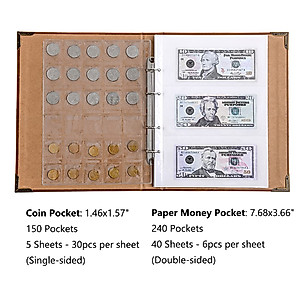 Currency Coin Album (150 Pockets Coin & 240 Pockets Banknote), Paper Money Collection Large Storage Book Supplies Holder Binder