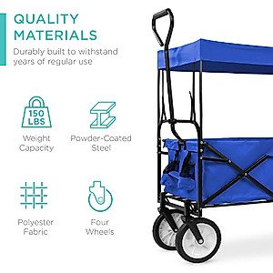 Best Choice Products Collapsible Folding Outdoor Utility Wagon with Canopy Garden Cart for Beach, Picnic, Camping, Tailgates w/Removable Canopy, Detachable Pockets, 150lb Weight Capacity - Blue