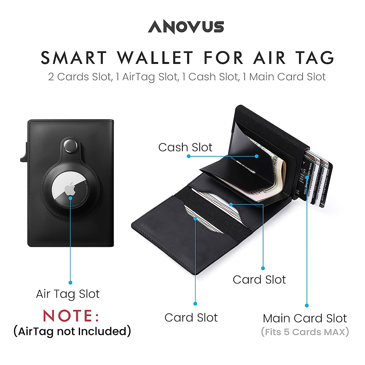 Anovus AirTag Wallet (Black) | Trackable Wallet with AirTag Holder | RFID-Blocking Minimalist Leather Wallet | Slim Leather Airtag Wallet - Men and Women| Smart Wallet - AirTag Not Included