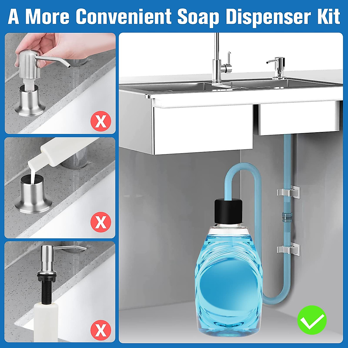 Built in Sink Soap Dispenser or Lotion Dispenser for Kitchen Sink, Soap Dispenser Extension Tube Kit, under Counter Soap Dispenser, Powerful Suction Check Valve & 41" Hose, Fit Most Soap Containers