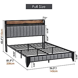 Saudism Full Size Bed Frame with Charging Station, Bed Frame with Led Lights, Full Platform Bed Frame with Soft Storage Headboard, Sturdy and Durable, No Box Spring Needed, Rustic Wood + Steel, Grey