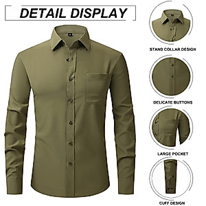 ATOFY Men's Long Sleeve Dress Shirt Regular Fit Casual Button-Down Solid Shirt with Pockets(Army Green, L)