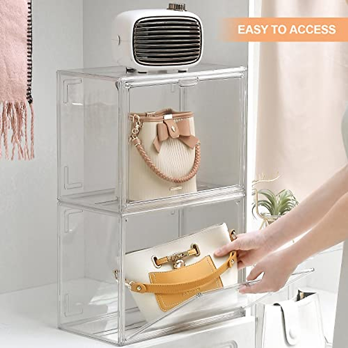 Qozary 3 Pack Handbag Purse Organizer for Closet, Clear Display Case, Stackable Plastic Storage Organizer Boxes for Handbag, Purse, Figures, Toys Collection, High-End Sunglasses, Book