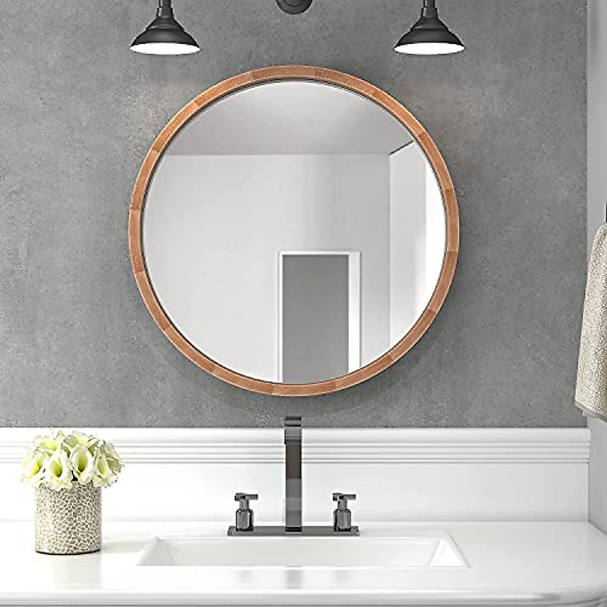 SIERSOE Round Wood Mirror 30 Inch, Large Wall Framed Bathroom Mirror for Vanity Farmhouse Rustic Mirror