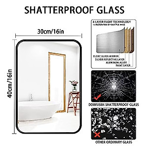 Wall-Mounted Bathroom-Mirror,Black Framed Aluminum Alloy Vanity-Mirrors,Round Horn Rectangle Makeup Seamless Mirror,Large Mirrors for Entryway,No Punching,Anti Rust 12"*16"