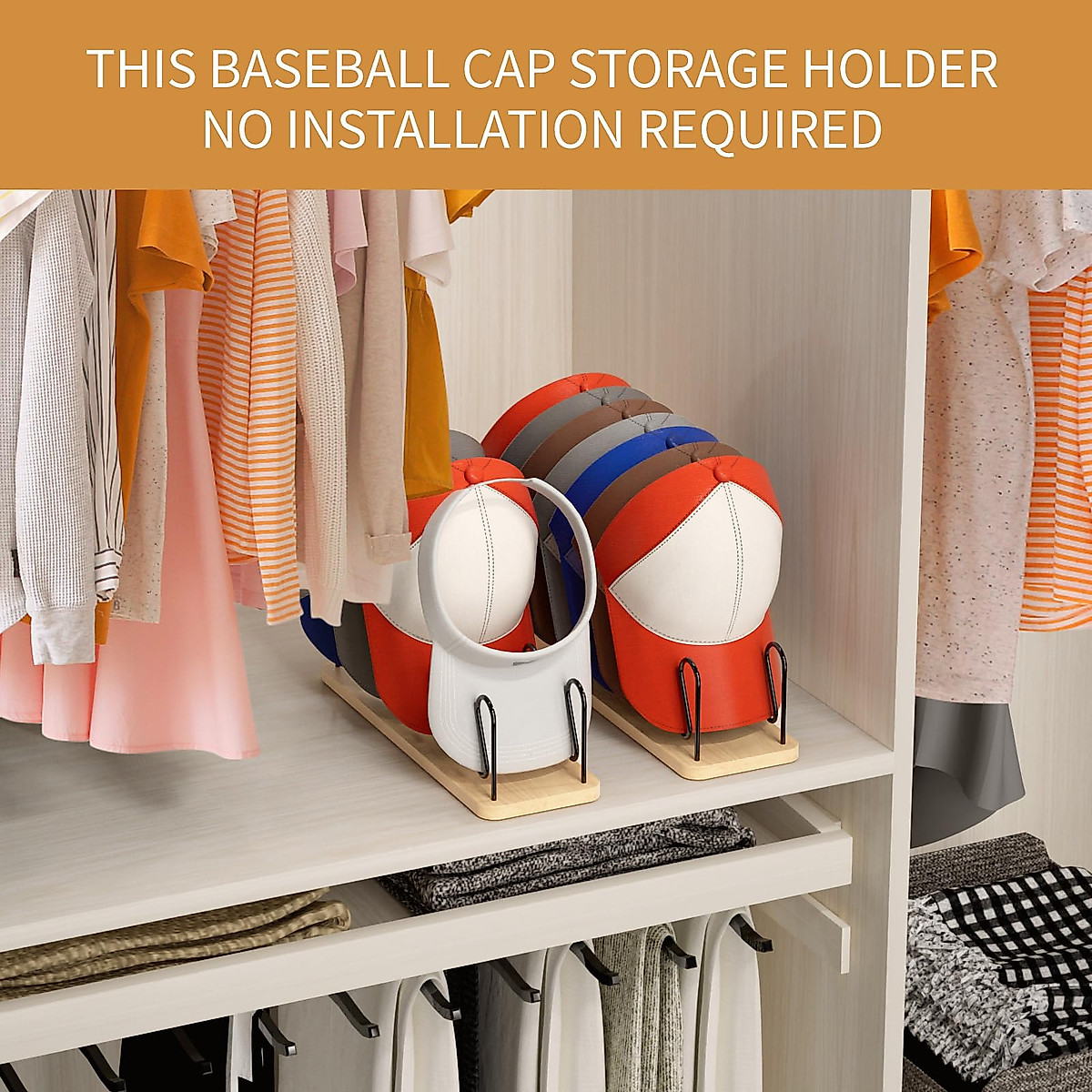 PECHOI Hat Organizer for baseball Caps 2 Pack Wooden Hat Rack Stand for Closet Storage up to 14 Ball Caps