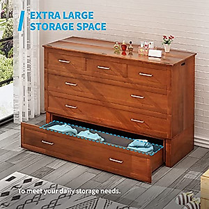 Mjkone Murphy Cube Cabinet Bed with USB Charging Station, Murphy Bed Cabinet with Large Drawer & Folding Mattress, Queen Size Bed Frame for Guest Room, Home, Office - Cherry