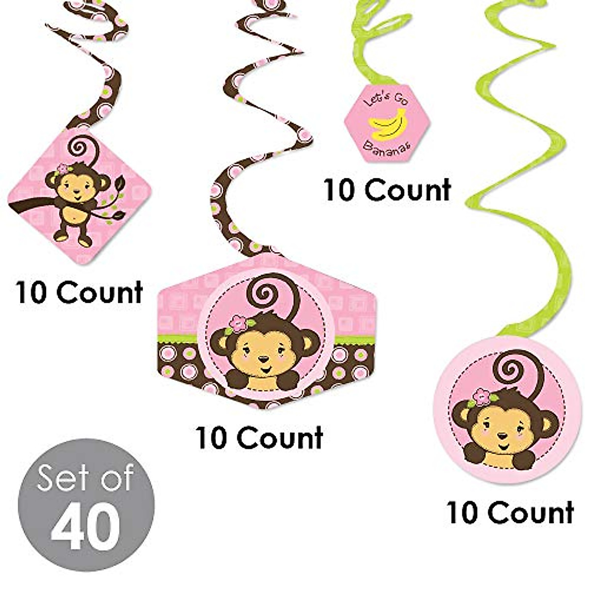 Big Dot of Happiness Pink Monkey Girl - Baby Shower or Birthday Party Hanging Decor - Party Decoration Swirls - Set of 40