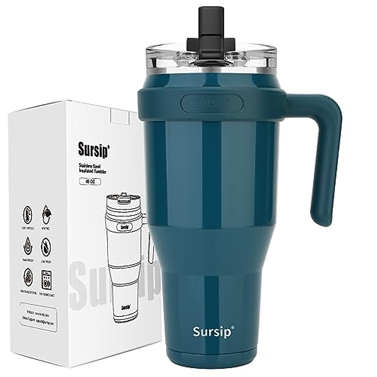 Sursip 40oz Insulated Tumbler with Handle and Flip Straw,Stainless Steel Travel Mug 2 in 1 Straw Lid-Leak Proof Keeps Drinks Cold for 24 Hours-Sweat Proof,Fit in Cup Holder-Dark green