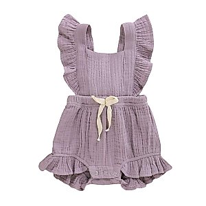 YOUNGER TREE Toddler Baby Girl Ruffled Sleeveless Romper Casual Summer Jumpsuit Cotton Linen Clothes (Light Purple, 12-18 Months)