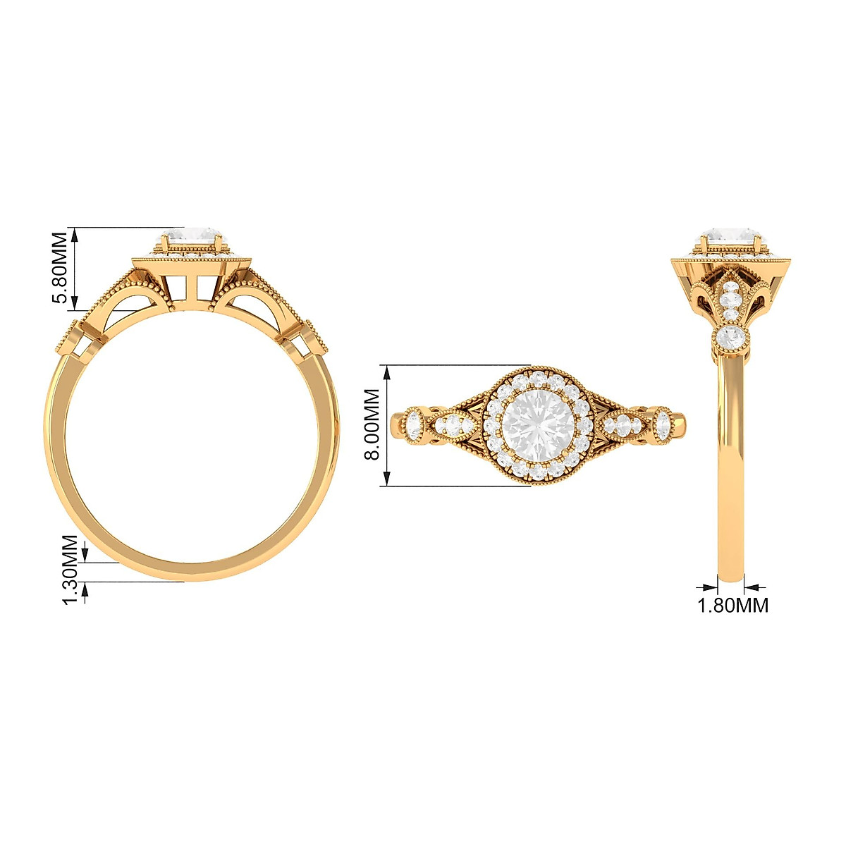 Rosec Jewels Certified White Sapphire Antique Engagement Ring with Milgrain Details | 1 CT | AAA Quality, 14K Yellow Gold, Size:US 7.00